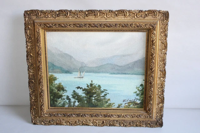 ANCIENNE AQUARELLE, SIGNÉE E. LUCAS, vue du lac d'Annecy, datée 1932, cadre doré EUR 120,00 ...