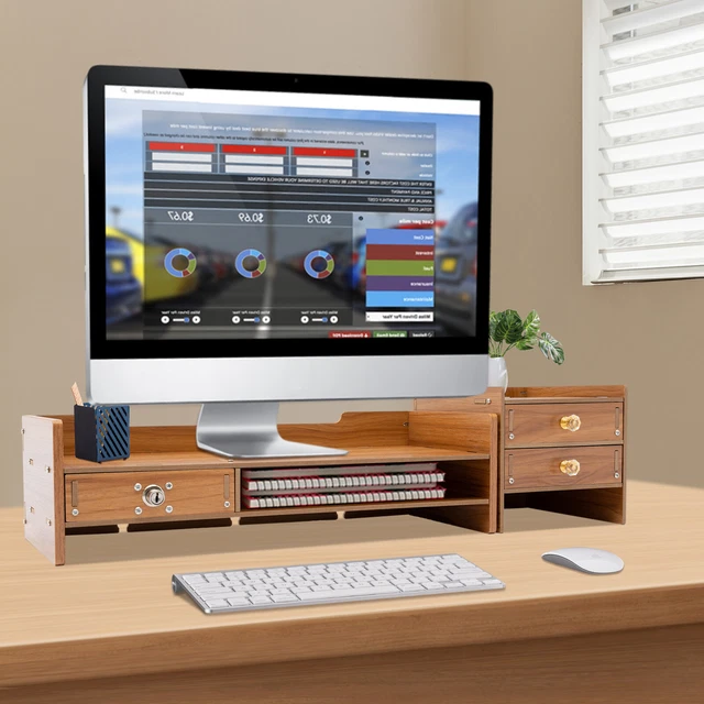 MONITOR STAND WOODEN Computer Riser Desk Organizer Desktop Storage ...