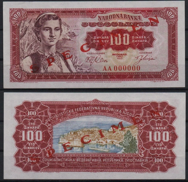 [29229] - SPECIMEN BANKNOTE JUGOSLAWIEN / YUGOSLAVIA, 100 Dinara, 01.05.1963, P7 EUR 49,90 ...