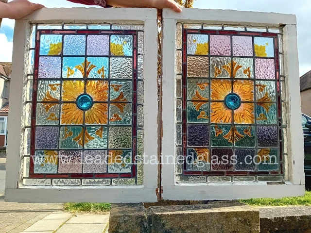 TWO HAND PAINTED leaded stained glass windows. A1652a. SHIPPING OPTION ...