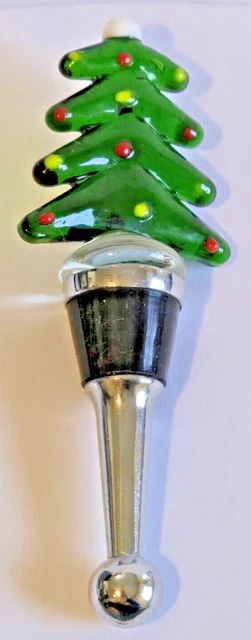 BLOWN GLASS HOLIDAY Christmas Tree Wine Bottle Topper Stopper Rubber ...