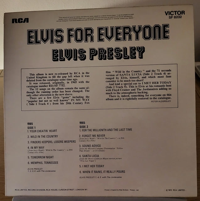 ORIGINAL ELVIS PRESLEY UK LP Elvis For Everyone SF8232 RCA Victor £22. ...