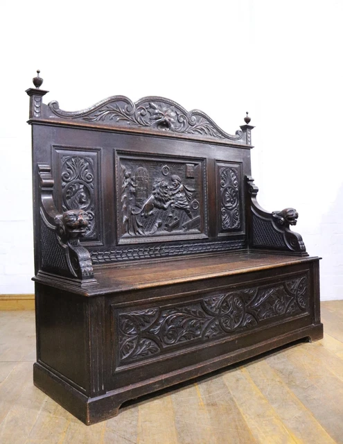 LARGE ANTIQUE HEAVILY carved Greenman oak monks storage bench - settle ...