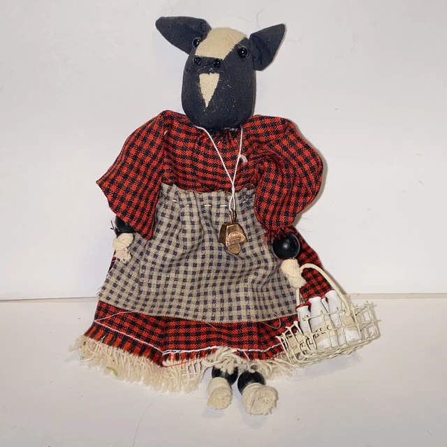 VINTAGE PRIMITIVE FOLKART Cow Rag Doll with Copper Bell & Milk Bottle ...