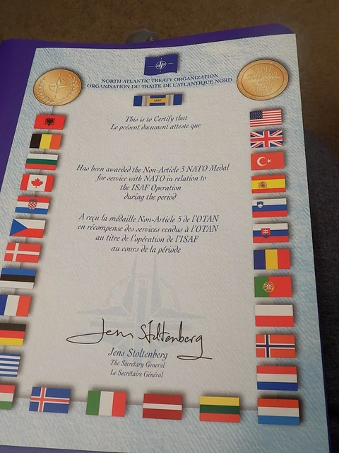 GENUINE NATO MEDAL Certificate - Isaf Afghanistan 2014- 2016 - Mint ...