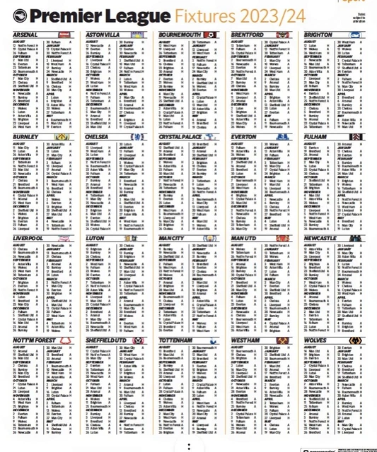 ENGLAND PREMIER LEAGUE Fixtures Football 2023/24 Club By Club 15.6.23 ...