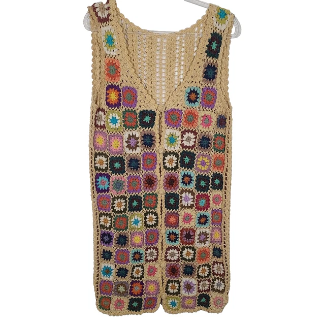 VINTAGE LONG GRANNY Square Vest Button Up Handmade Crochet S/M 36" Boho ...
