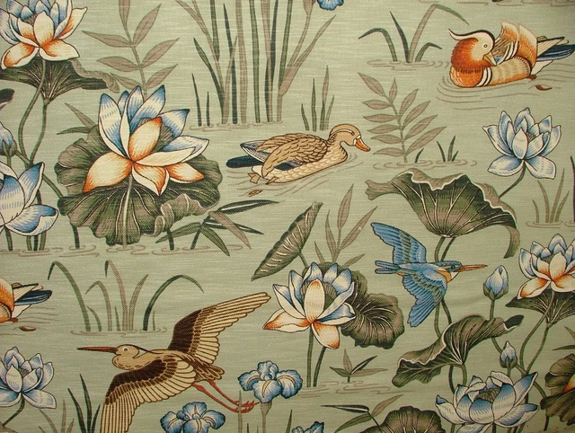 3.5 METRES SIYURI Willow Water Lily Birds Linen Blend Curtain ...