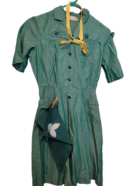 VINTAGE JUNIOR GIRL Scout Uniform Dress Yellow Tie Head Scarf Included ...