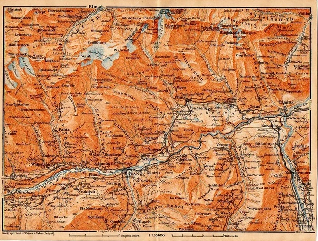CARTA GEOGRAFICA ANTICA SVIZZERA Ilanz Flims Old Map Switzerland Suisse ...