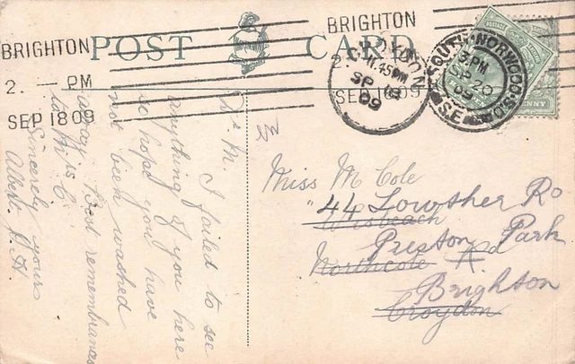 FAMILY HISTORY - POSTCARD - Miss COLE - BRIGHTON LOWTHER RD Croydon ...