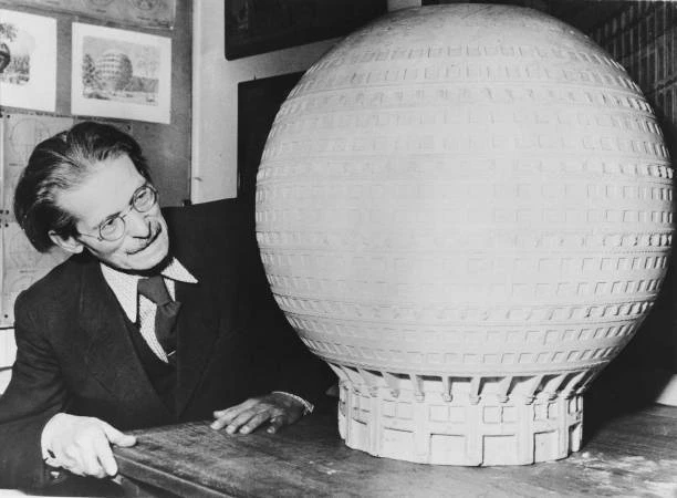 GERMAN ARCHITECT PETER Birkenholz with his spherical design for- 1954 ...