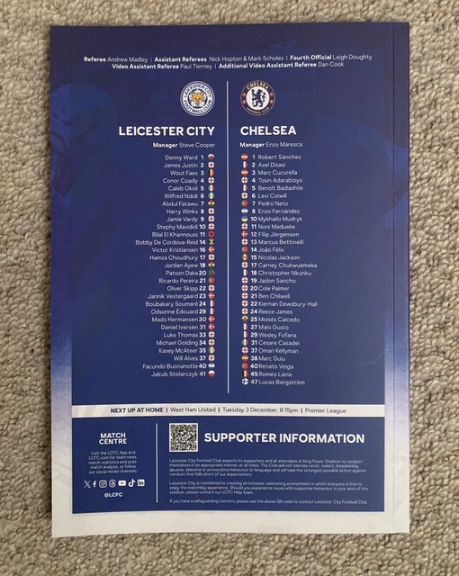 LEICESTER CITY V Chelsea PREMIER LEAGUE Official Matchday Programme 23 ...