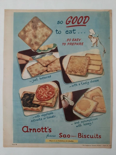 VINTAGE AUSTRALIAN ADVERTISING 1958 ad ARNOTT'S FAMOUS SAO BISCUITS $17 ...