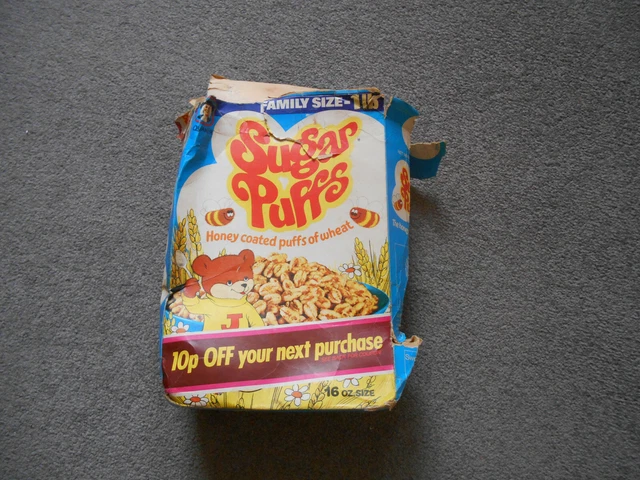 QUAKER SUGAR PUFFS Cereal Box JEREMY BEAR 16oz Family Size empty RARE ...