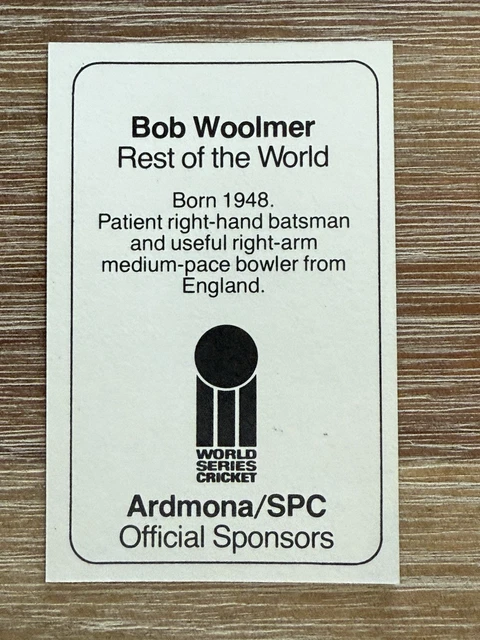 1978/79 ARDMONA / SPC Series 1 World Series Cricket Bob Woolmer Card $5 ...