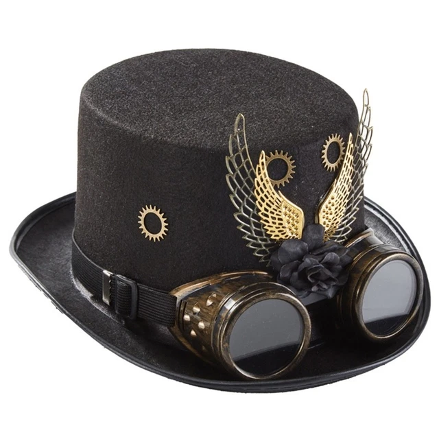 VINTAGE BLACK STEAMPUNK Hat Top Hat Gear Wings Goggles Jazz Hat ...