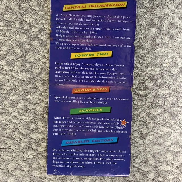 ALTON TOWERS THEME Park Map Guide Leaflet 1994, Vintage, Rare collectors item EUR 90,41 ...