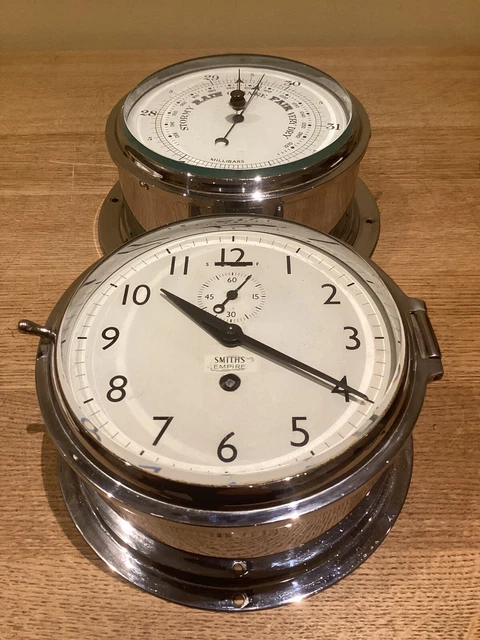 SMITHS EMPIRE CHROME Eight Day Ships/Bulkhead Clock + Barometer - Very ...