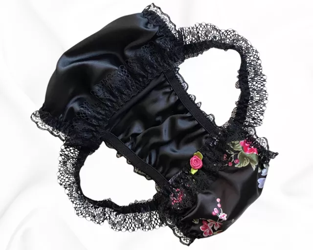 Black Satin Floral Silky Sissy Frilly Lace Bikini Tanga Knickers Briefs