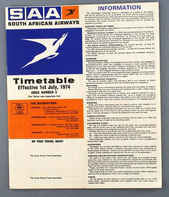 SOUTH AFRICAN AIRWAYS Saa Airline Timetable July 1974 Sal Issue Number ...