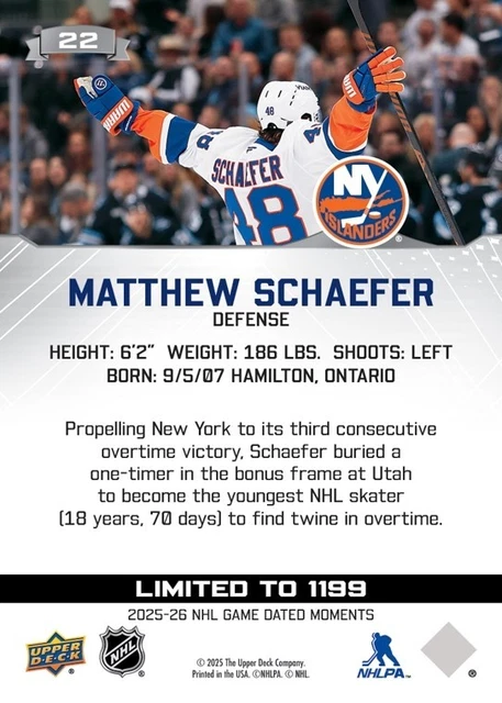 2025-26 MATTHEW SCHAEFER Upper Deck NHL Game Dated Moments Limit to ...