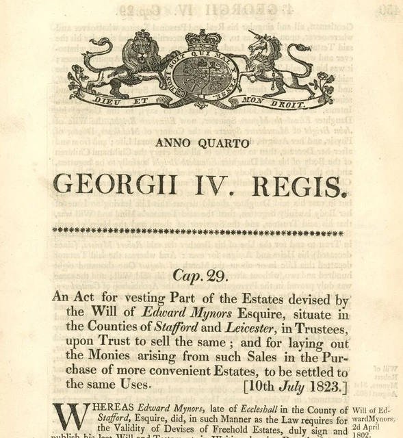 ANTIQUE ACT OF Parliament Vesting Estates Will of Edward Mynors ...