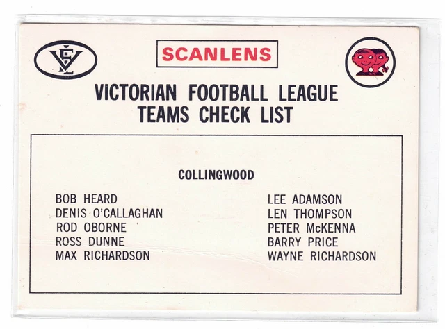 SCANLENS 1974 VFL Footy Card Collingwood Magpies Checklist Check List ...