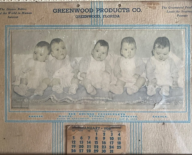 DIONNE QUINTUPLETS VINTAGE 1936 Advertising Calendar With Picture ...