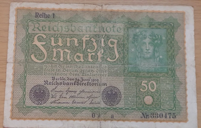 GERMANY 50 REICHSMARK Reich's banknote Fine June 1919 P#66 Reihe 1 . £1 ...
