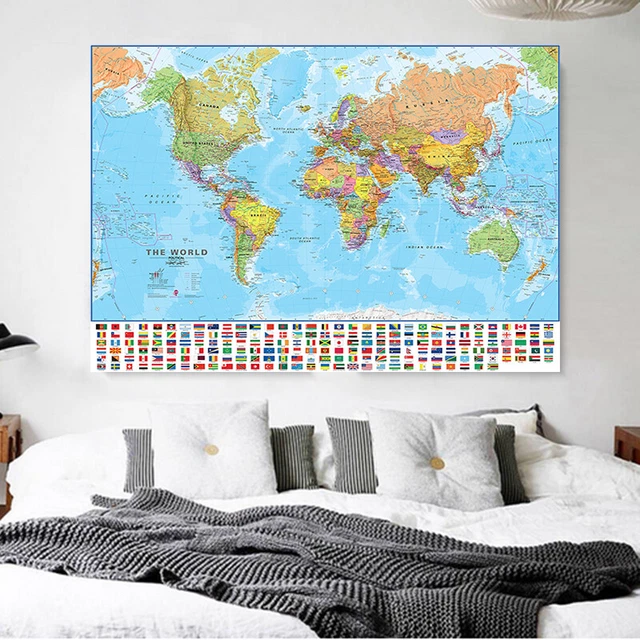 150X100CM WORLD POLITICAL Map Foldable Canvas Painting with Flags ...
