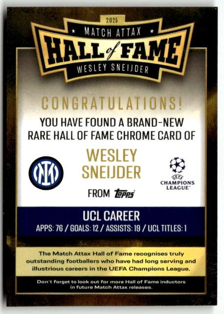 TOPPS MATCH ATTAX CL 2025-26 HOF 6 Wesley Sneijder Hall Of Fame £19.82 ...