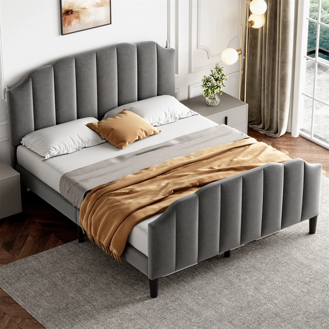 4FT6 DOUBLE BED Upholstered Bed Frame with Headboard and Solid Wooden ...
