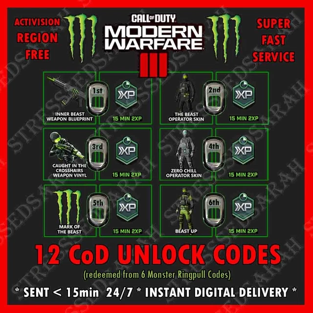 12 UNLOCK CODE CALL OF DUTY MW3 (6 Skin/Weapon + 6 2XP) Monster Zero 6 ...