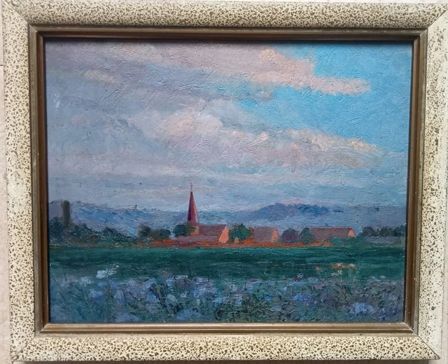 TABLEAU ANCIEN PAYSAGE Village Campagne Huile Panneau Impressionniste Signature EUR 135,00 ...
