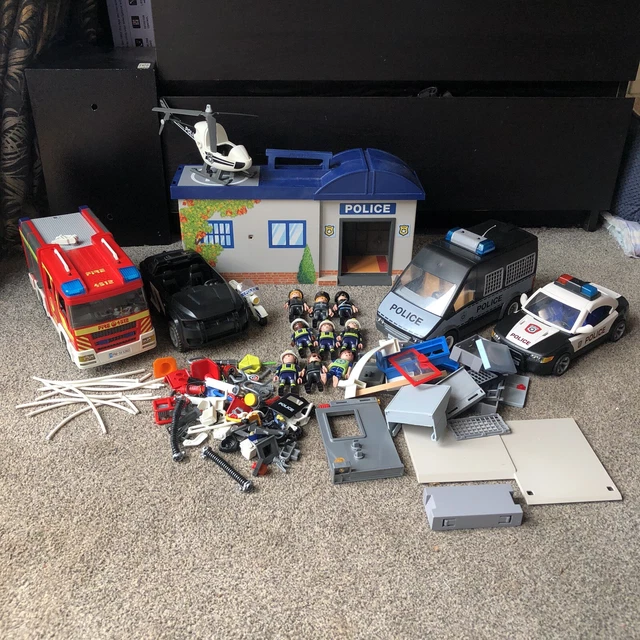 PLAYMOBIL POLICE FIREFIGHTERS Bundle Fire Truck Station Car Van Heli ...
