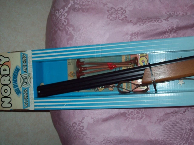 CARABINE NORDY CROSSE bois metal 2 coups avec 4 flechettes à ventouse ...