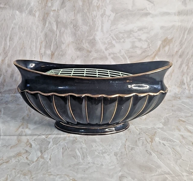 VINTAGE ART DECO Ceramic Mantle Vase Black Gold Floral Frog Insert ...