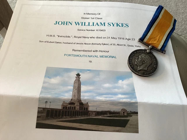 WW1 WAR MEDAL KIA Jutland HMS Invincible Stoker 1st Class Sykes Goole ...