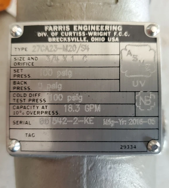 ONE(1) FARRIS ENGINEERING Curtiss Wright 27CA23-M20/S4 Pressure Relief ...