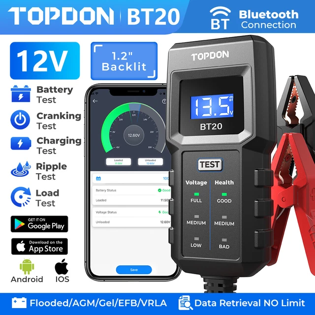 2024 TOPDON BT20 12V Probador de batería coche diagnóstico automático 100-2000CCA 12V Prueba de ...