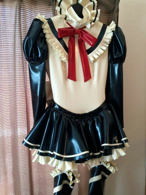 LATEX GUMMI RUBBER Maid Dress w/Ruffle Bow Catsuit Socks Suit Clubwear ...