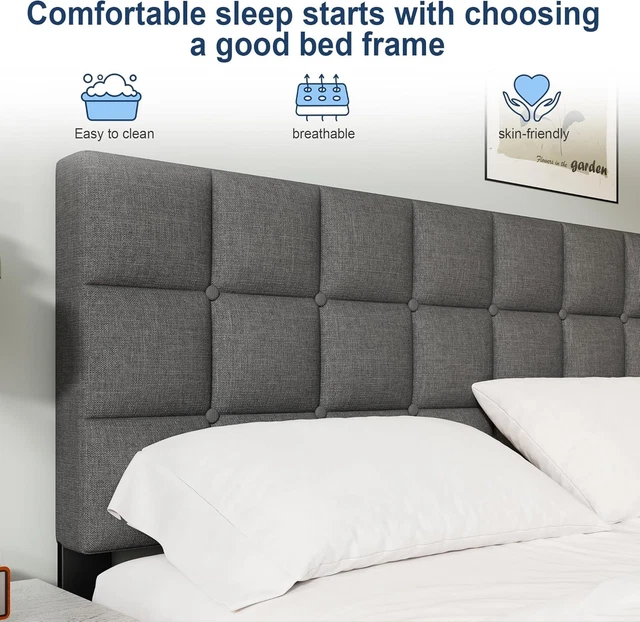GREY DOUBLE BED Frame Upholstered Linen Storage Platform with Slat Base ...