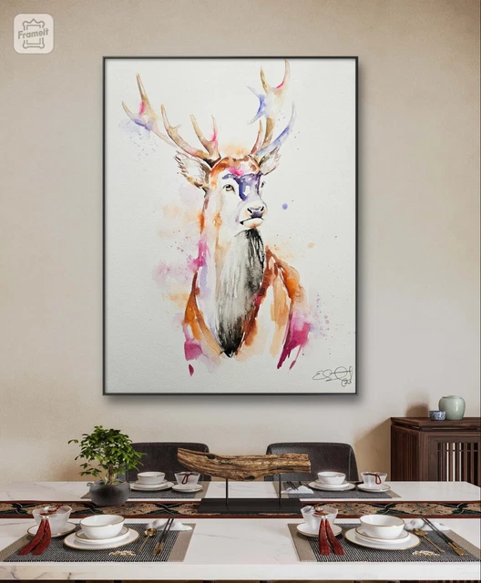 DIPINTO ORIGINALE FIRMATO grande acquerello di A Cervo di Elle Smith ...