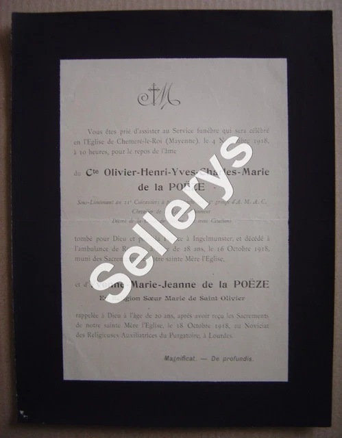 FAIRE-PART DE DÉCÈS Olivier Henri Yves Charles Marie Comte de La Poëze et Yvonne EUR 24,90 ...