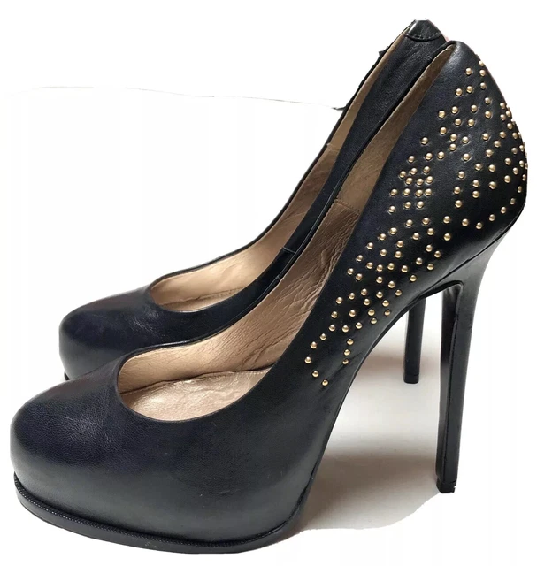 CARVELA HEELS COURT Shoes Hidden Platform Black Leather Gold Studs Size ...