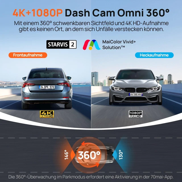 DASH CAM 4K Omni, 4K+1080P Dashcam Auto 360 Grad Vorne und Hinten mit ...