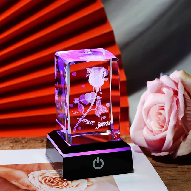 CRYSTAL ROSE KEEPSAKE in Crystal Glass with LED Base – 3D I Love You ...