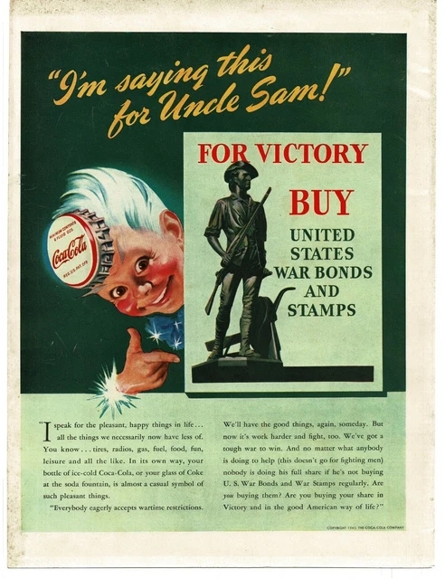 1943 COCA COLA Soda Sprite Boy Mascot Buy War Bonds Stamps WWII Vintage ...