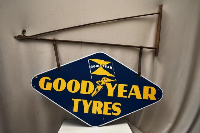VINTAGE GOOD YEAR Tire Sign Porcelain Enamel With Wrought Iron Hanging ...